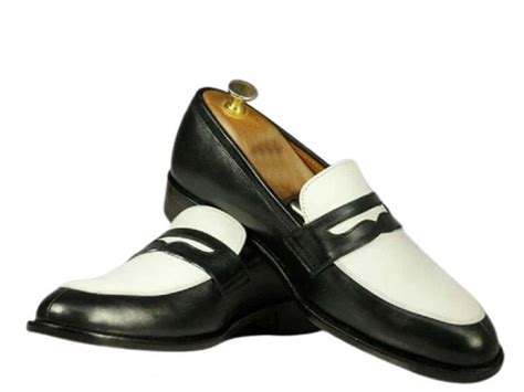 Mens Bespoke Handmade Two Tone Black And White Penny Loafers Shoe Men Black Formal Shoes