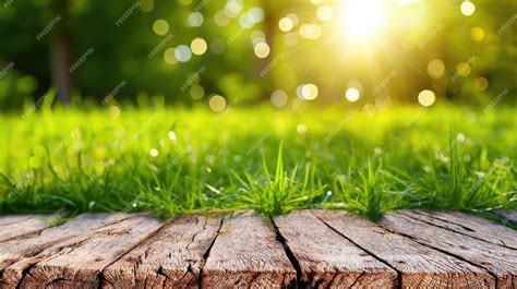 Premium Photo Nature Background With Green Grass And Empty Wooden Table