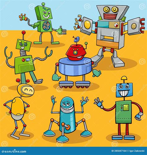 cartoon funny robots and droids characters group stock vector