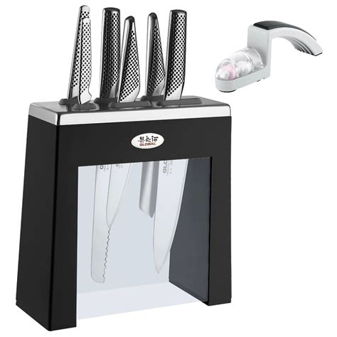 Global Knives Kabuto Black 7 Piece Knife Block Mino Knife Sharpener