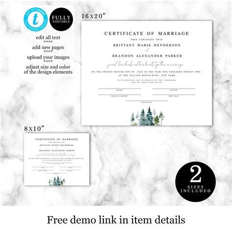 Certificate Of Marriage Template Wedding Keepsake DIY Etsy