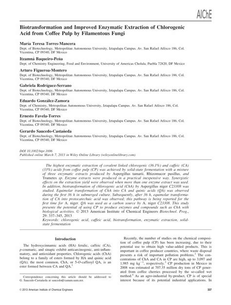 Pdf Biotransformation And Improved Enzymatic Extraction Of Chlorogenic Acid From Coffee Pulp