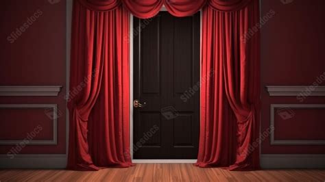 Imaginative 3d Depiction Of A Wooden Door Sealed With Red Curtains Powerpoint Background For
