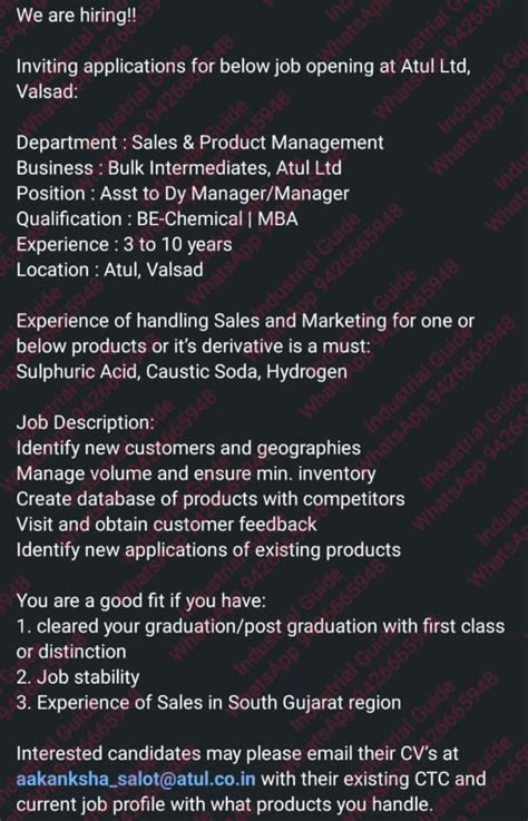 Atul Limited Valsad Jobs For Sales And Products Management Apply Now