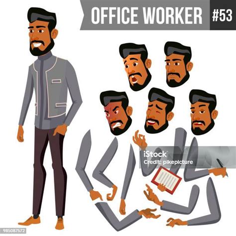 오래 된 아랍 사무실 작업자 벡터입니다 전통적인 의류입니다 이슬람 감정 다양 한 제스처를 얼굴 애니메이션 만들기 세트입니다 성인 기업 비즈니스 맨 행복 사무원 하 인 직원