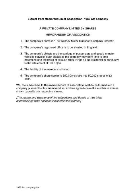 Extract From An Example Memorandum Of Association Of A 1985 Act Company