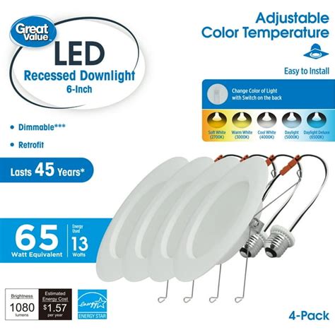Great Value 6 Led Retrofit Downlight 13 Watt 65w Replacement Cct Selectable E26 Base 4 Pack