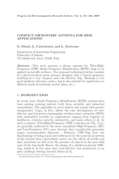 Pdf Compact Microstrip Antenna For Rfid Applications