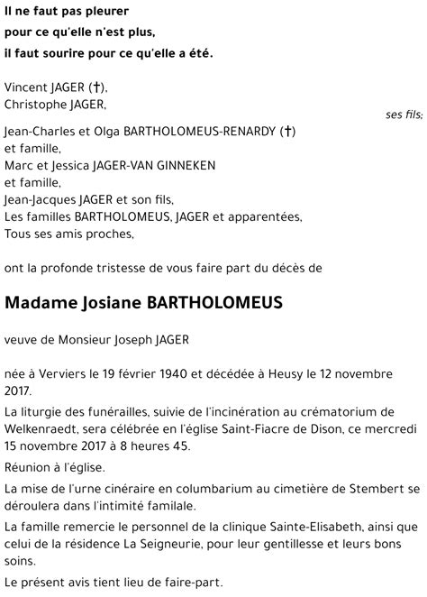 Avis De Décès De Josiane Bartholomeus Décédé Le 12 11 2017 à Heusy Annonce Condoléances