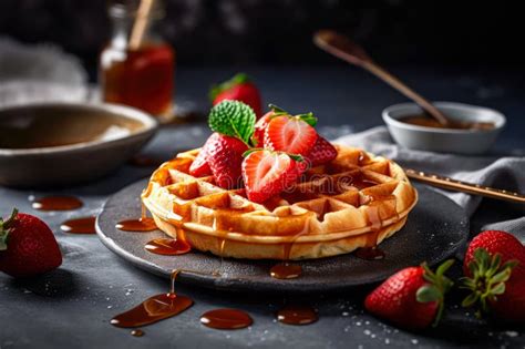 Classic Belgian Waffles With Honey Syrup And Strawberries Delicious