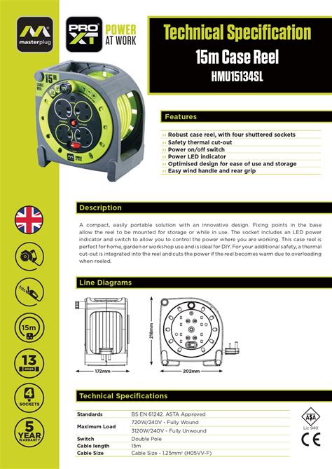 Masterplug Pro Xt Hmu15134sl Px Case Reel Extension With 4 Sockets 15m Length And Safety Thermal