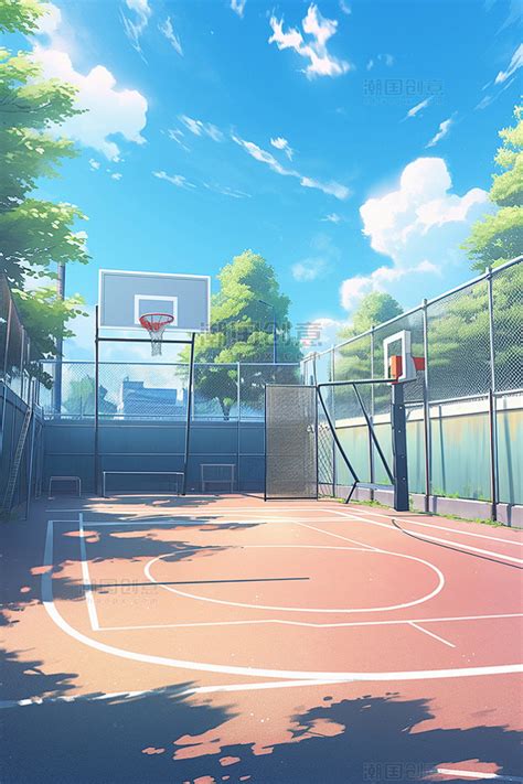 唯美校园篮球场手绘插画背景