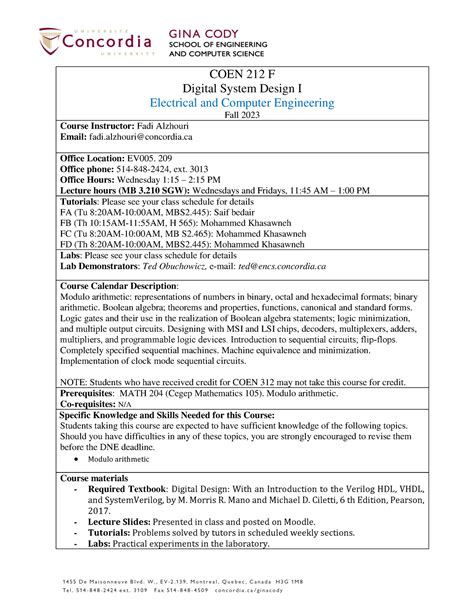 Course Outline Fall 2023 Coen 212 F Digital System Design I