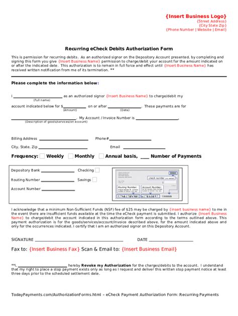 Recurring Echeck Debit Authorization Recurring Echeck Debit