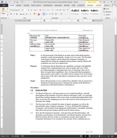 Board Self Assessments Procedure Template Word