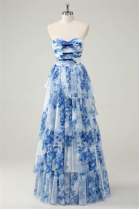 Zapakasa Women White Blue Flower Tiered Prom Dress A Line Sweetheart