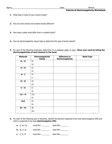 Polarity And Electronegativity Worksheet Printable Word Searches