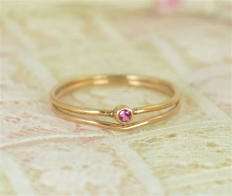 Tiny Ruby Ring Set Solid Rose Gold Wedding Set Stacking Etsy