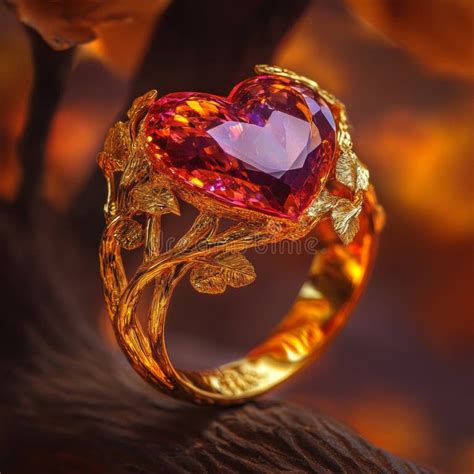 Heart Shaped Ruby Ring With Gold Leaf Design In Warm Tones Stock Image Image Of Autumn