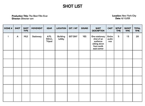 Free Shot List Templates For Production Word Pdf
