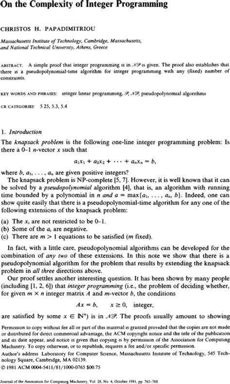 On The Complexity Of Integer Programming Journal Of The Acm