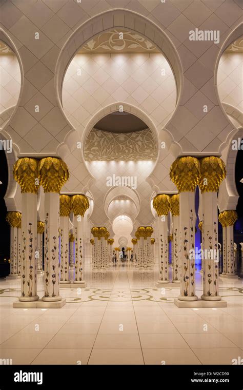Uae Abu Dhabi Sheikh Zayed Bin Sultan Mosque Arches Dusk Stock
