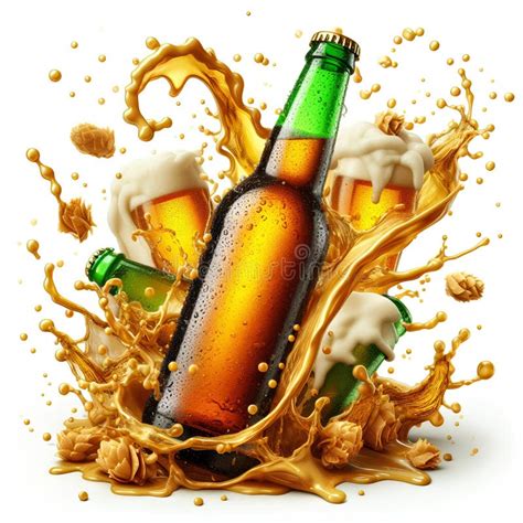 Beer Bottle With Beer Splash Isolated On White Background Stock