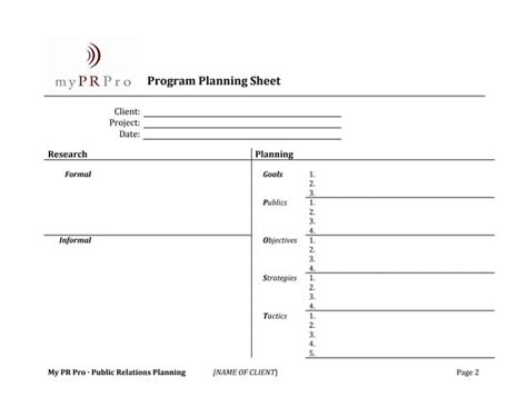 Public Relations Program Planning Sheet Pdf