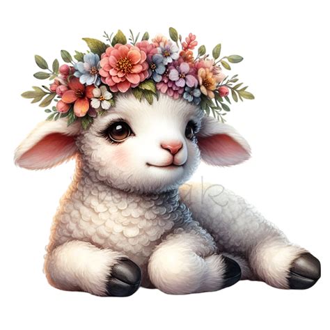 12 Floral Lamb Png Clipart Cute Lamb With Flower Crown And Curly Fur Whimsical Digital Art