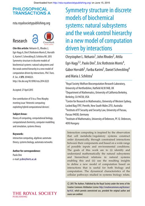 Pdf Symmetry Structure In Discrete Models Of Biochemical Systems