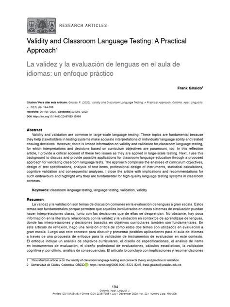 Validity And Classroom Language Testing Pdf Educational Assessment