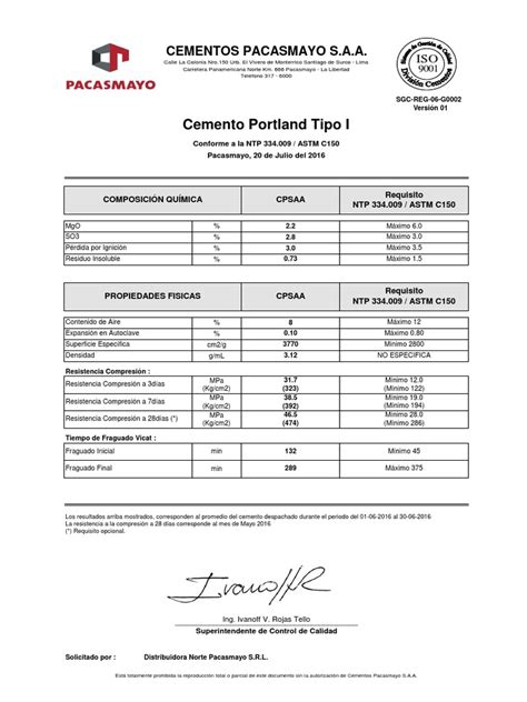 Certificado De Calidad Cemento Pdf Pdf Industrias Material Compuesto