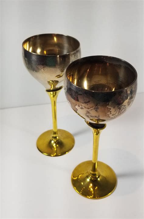 Vintage Pair Of Chrome And Brass Wine Goblets Property Room