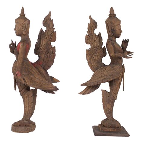 Birmanie Couple Kinnara And Kinnari Sculptures Antikeo