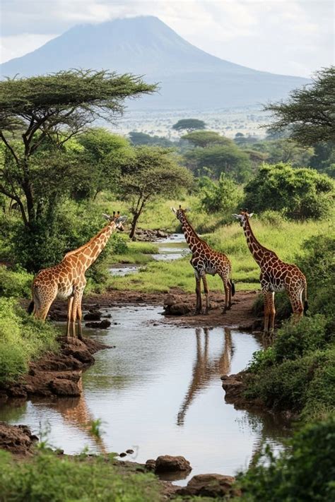 Giraffes By A Watering Hole Giraffe In Nature Jungle Landscape With
