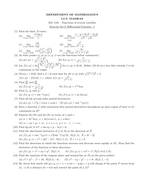 Multivariable Calculus Exercise Set IIT Madras