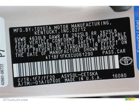 2012 Camry Color Code 1f7 For Classic Silver Metallic Photo 71313075