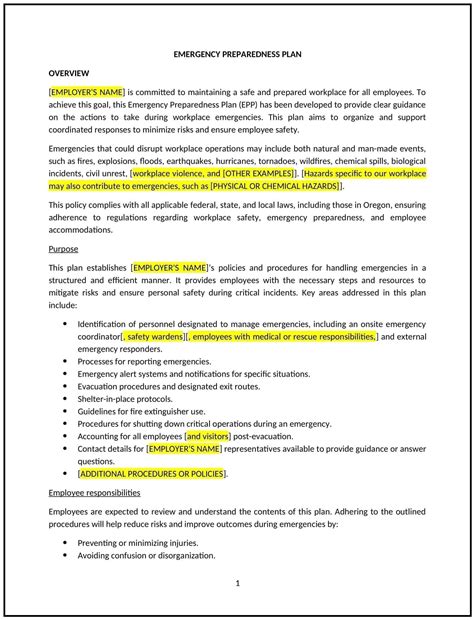 Emergency Preparedness Plan Oregon Free Template