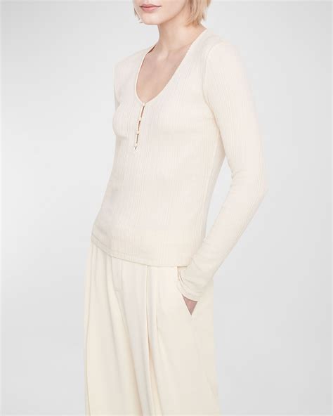 Vince Ribbed Elbow Sleeve Henley Top Neiman Marcus