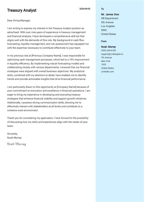 Treasury Analyst Cover Letter Examples With Writing Tips For 2024 Cvdesigner Ai