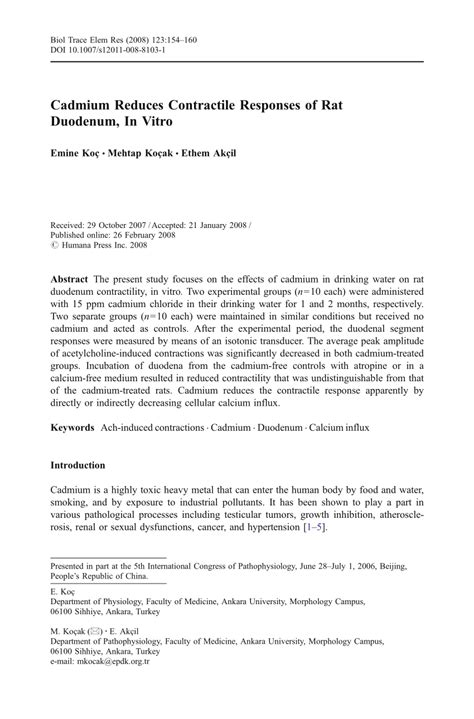 Pdf Cadmium Reduces Contractile Responses Of Rat Duodenum In Vitro
