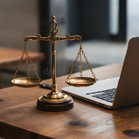 Golden Scales Symbolize Justice Beside Laptop In A Modern Setting Stock