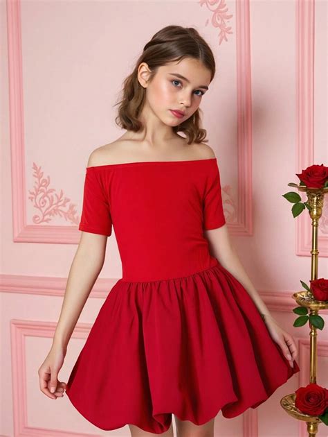 Fern Glow Tween Girls Lovely Off Shoulder Knit Mini Dress Red Summer