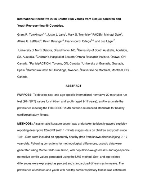 Pdf International Normative 20m Shuttle Run Values From 850 036