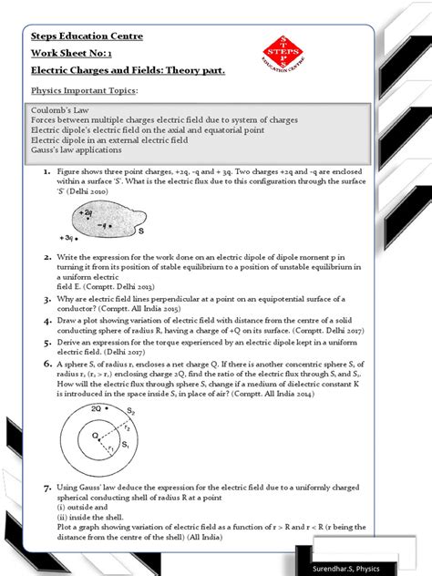 Worksheet 1 Electric Charges And Fields Pdf
