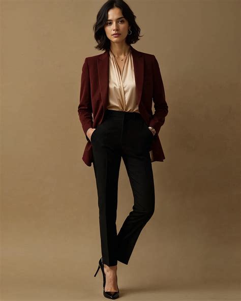 Tailored Burgundy Blazer With Champagne Satin Blouse And Black Trousers