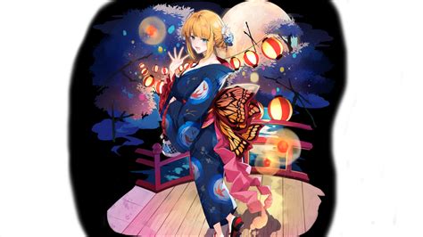 Highres Non Web Source Blonde Hair Blue Kimono Breasts Japanese