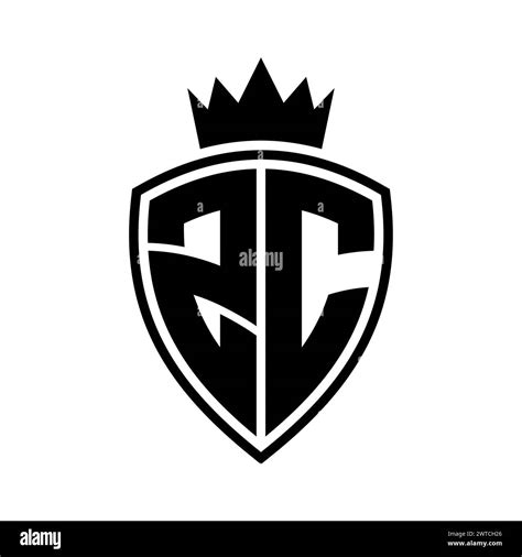 Zc Letter Bold Monogram With Shield And Crown Outline Shape With Black And White Color Design
