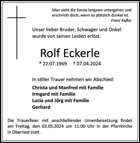 Rolf Eckerle Traueranzeigen Nachrufe And Danksagungen Auf Bztrauerde