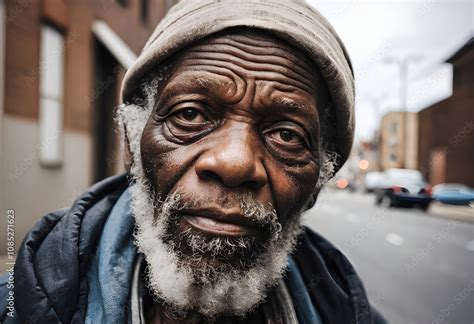 Close Up Portrait Of Old Homeless African American Man Face With White